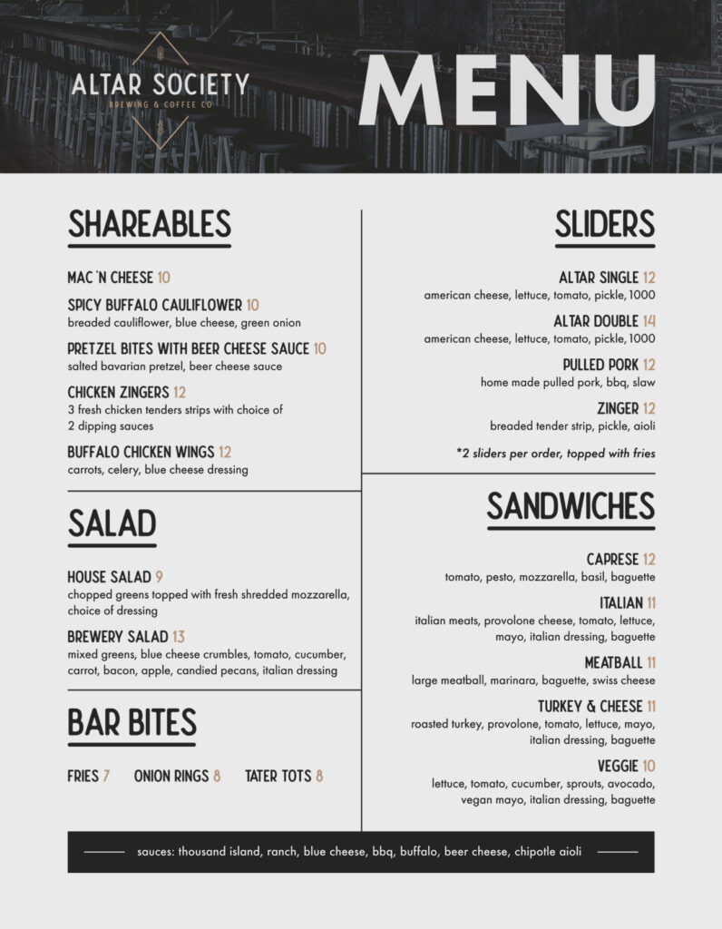 Menus - Altar Society Brew Co