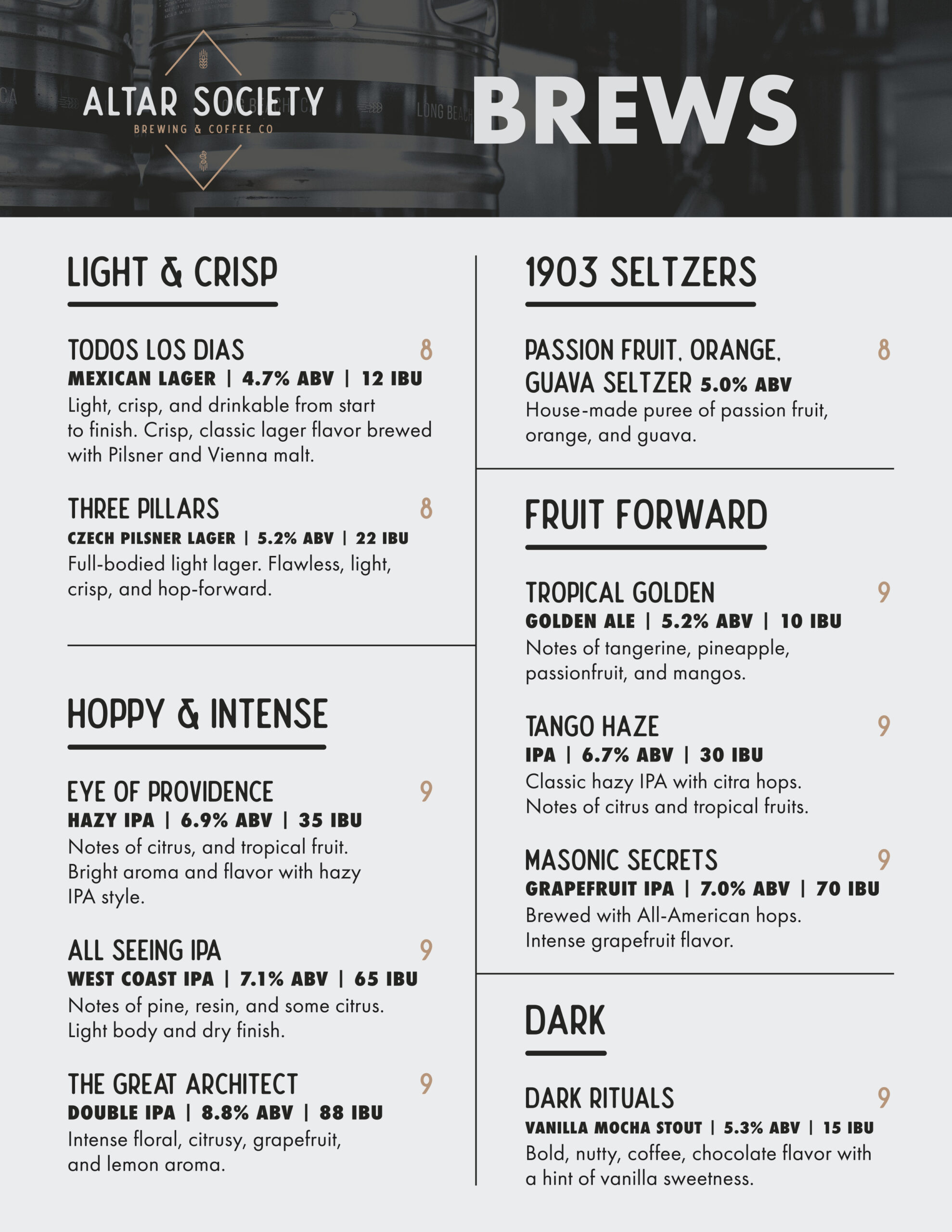 Menus - Altar Society Brew Co