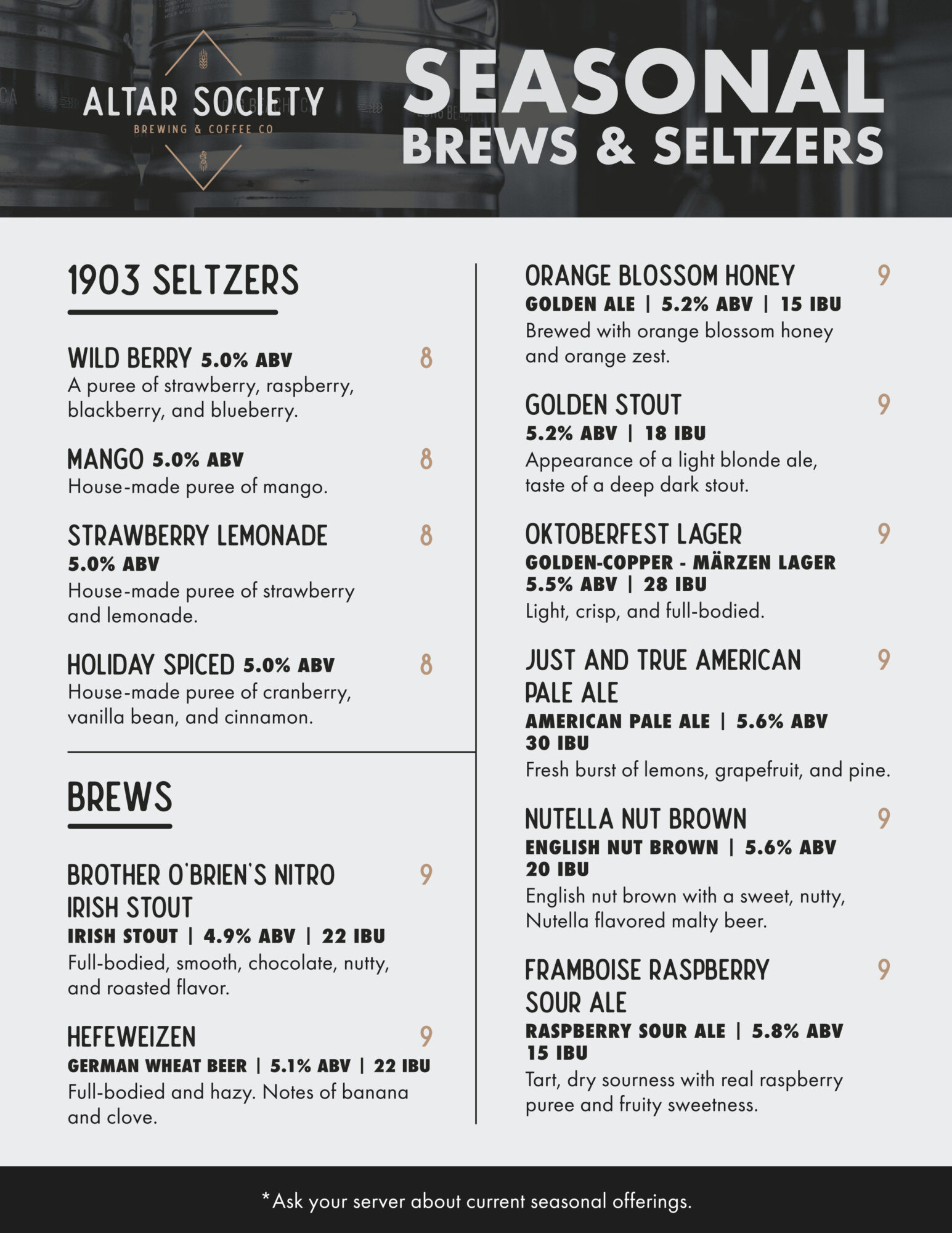 Menus - Altar Society Brew Co