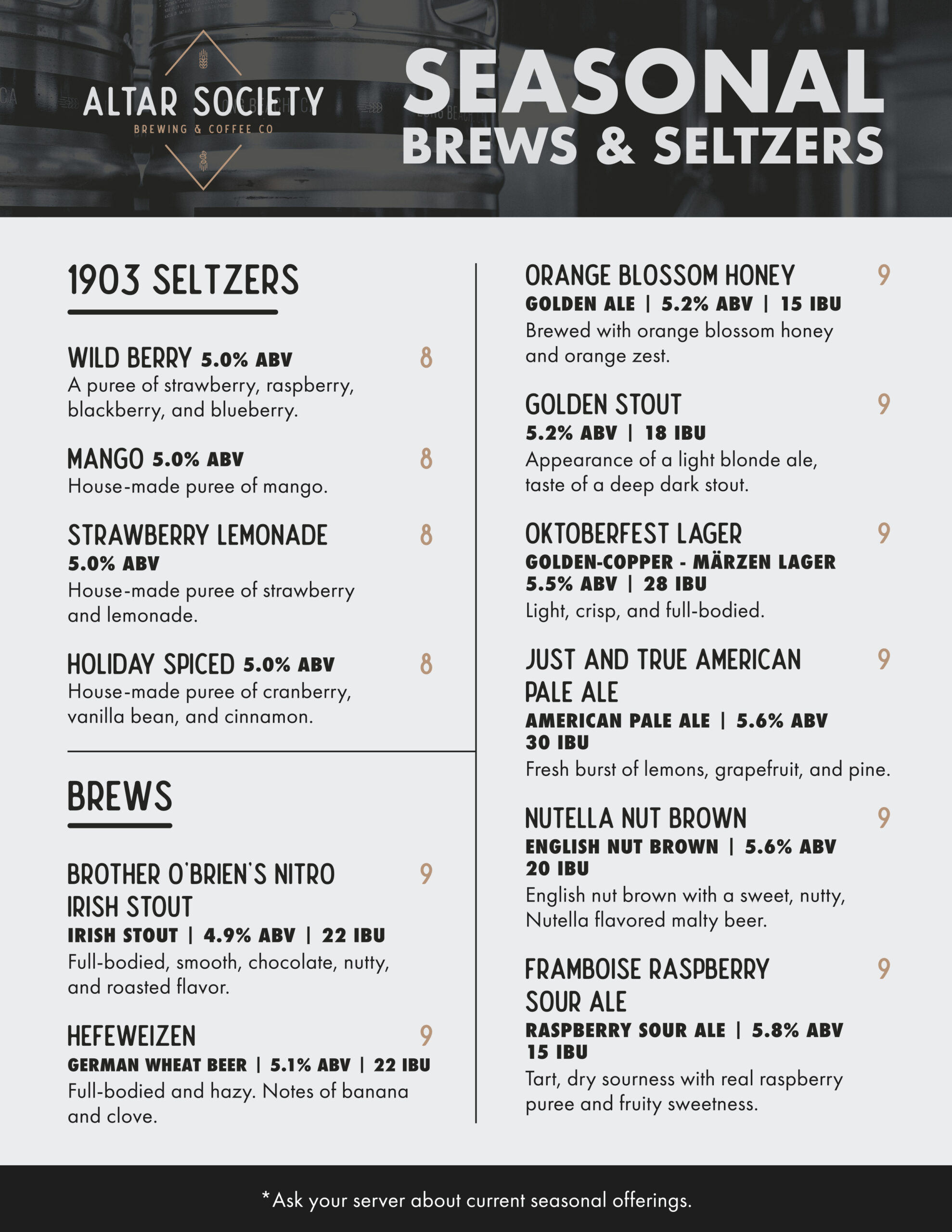 Menus - Altar Society Brew Co